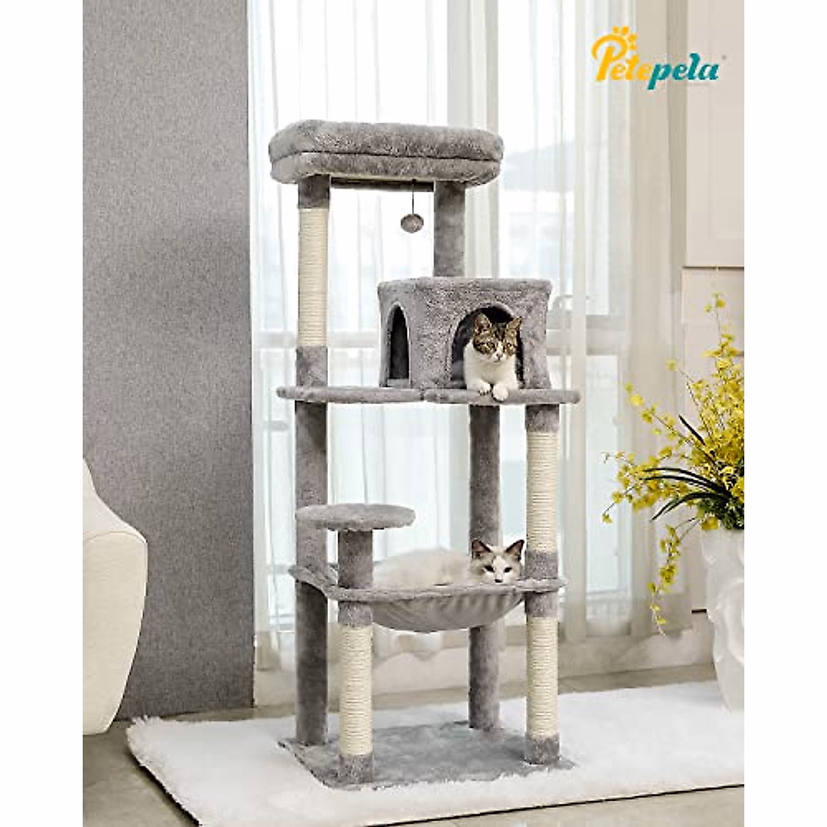 PETEPELA 56.3 Inches Cat Tree for Indoor Cats Multi-Level Cat Tower with Sisal Covered Scratching Posts, Cozy Condo, Super Large Hammock and Plush Perches Grey