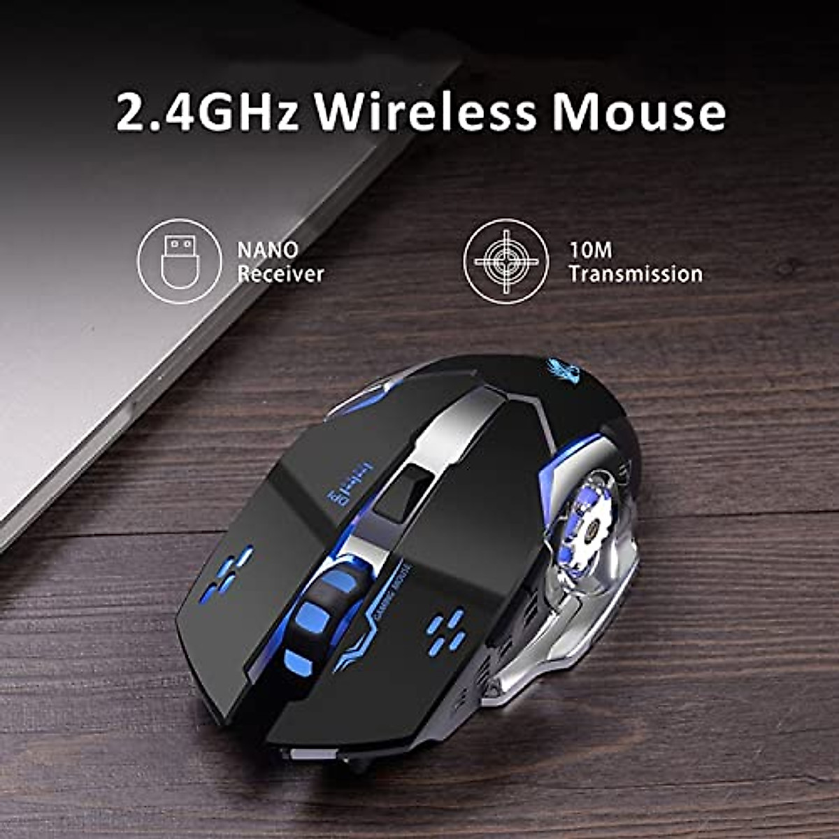 Uciefy T85 Rechargeable Wireless Mouse, 2.4G Ergonomic Silent Gaming Mice Portable Optical with USB Receiver, 3 Adjustable DPI, 6 Buttons LED Lights for Laptop/PC/Chromebook (Black)