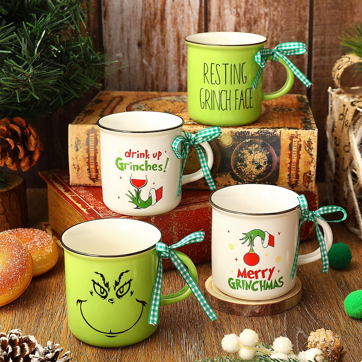 Whaline 4Pcs Christmas Mini Coffee Mug with Ribbon Tiered Tray Decor Green White Xmas Drinking Cups Gifts for Christmas Party Table Centerpieces Decorations Housewarming Gift