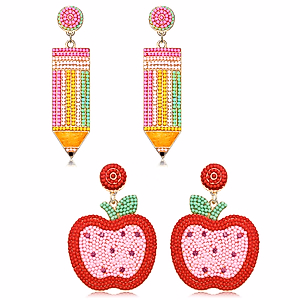 2/3Pairs Teacher Earrings for Women Beaded Pencil Dangle Earrings Statement Apple Book Drop Earrings Teacher Appreciation Gifts Back To School Jewelry Set (2 Pairs 4)