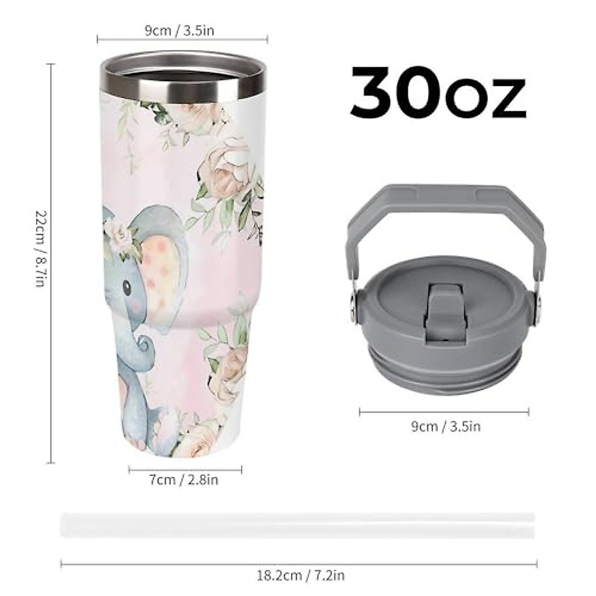RTFGHJS Cute Elephant_80395810 30 Oz Tumbler with Handle And Flip Straw, Stainless Steel Vacuum Insulated Travel Mug, Thermal Cup for Coffee, Water, Iced Drinks, Fits Car Cup Holders (Home, Sports)