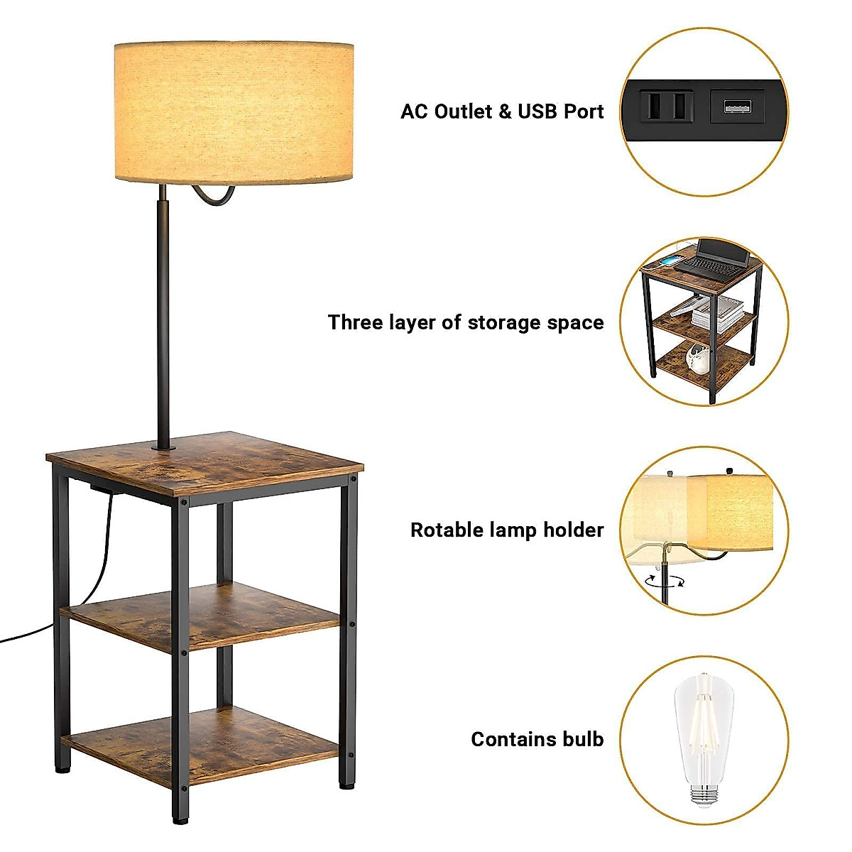 AntLux LED Floor Lamp with End Table - USB Charging Port, Power Outlet, Bedside Table with Shelves, Rustic Night Stand with Industrial Floor Light for Living Room, Bedroom, Guest Room, Edison Bulb