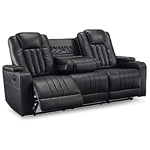 Signature Design by Ashley Center Point Contemporary Faux Leather Tufted Reclining Sofa with Drop Down Table, Black