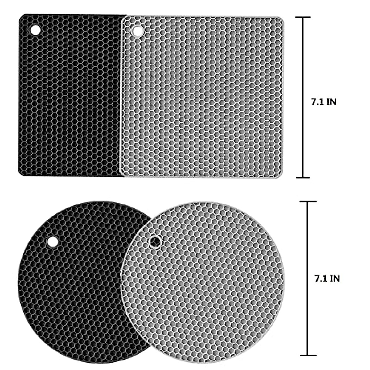 Silicone Trivet Mats, Pot Pads Silicone Pot Holders for Hot Pan Heat Resistant and Anti Slip, Easy to wash and Dry, 8 Pack Black & Gray(4 Squared + 4 Round Mats)