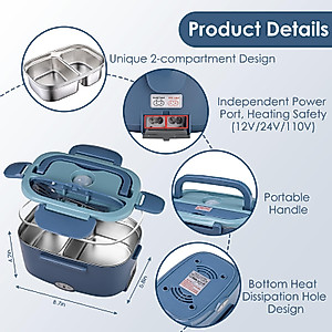 Kabbas Electric Lunch Box Food Heater with 2 Compartments, 80W Portable Heated Lunch Box for Adults, 12V 24V 110V Self Heating Lunch Box for Work Car Truck with 1.5L Removable 304 SS Container