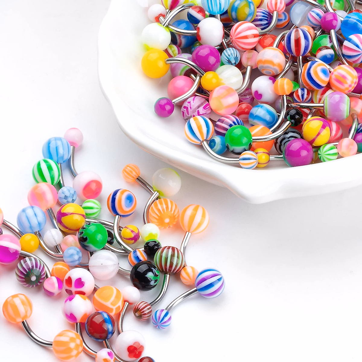 CABBE 100pcs Tongue Rings Surgical Stainless Steel Assorted Candy Pattern Bulk 14G Stright Barbells for Men Women Body Piercing Jewelry