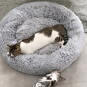 BODISEINT Faux Fur Dog Bed Cat Bed,Shag Round Anti-Anxiety Pet Calming Bed Doughnut Cuddler for Medium Large Puppy Dog Cat Kennel Cushion Self Warming Bed (28'' D x 8" H, Light Grey)