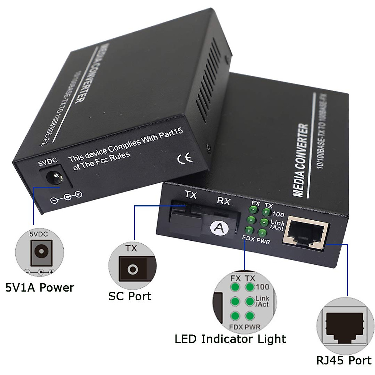 XMSJSIY Fiber Ethernet Media Converter, Single-Mode 10/100Base-TX to 100Base-FX, RJ45 to SC, Fiber Transceiver Up to 25KM (1 Pair)