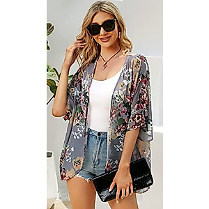 Women's Floral Print Puff Sleeve Kimono Cardigan Loose Cover Up Casual Blouse Tops (Dark Grey, XL)