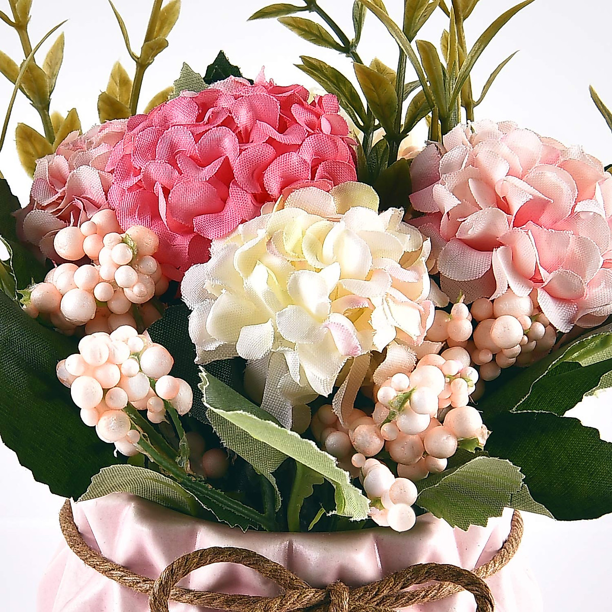 Sunm Boutique Artificial Hydrangea Bouquet with Small Ceramic Vase, Artificial Hydrangea Flower Potted Fake Variety Silk Flower Bonsai for Table Party Office Wedding Home Decor, Pink