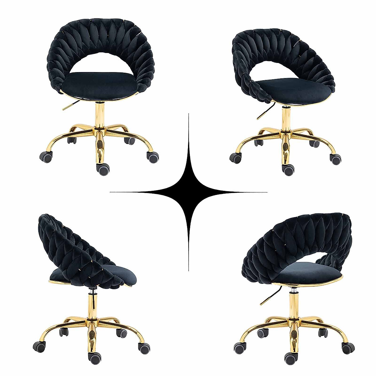 Goujxcy Modern Velvet Desk Chair, 360°Swivel Home Office Computer Task Chair with Woven Mid Back & Gold Legs, Cute Vanity Chair for Women Girls, Armchair for Living Room Bedroom,Black