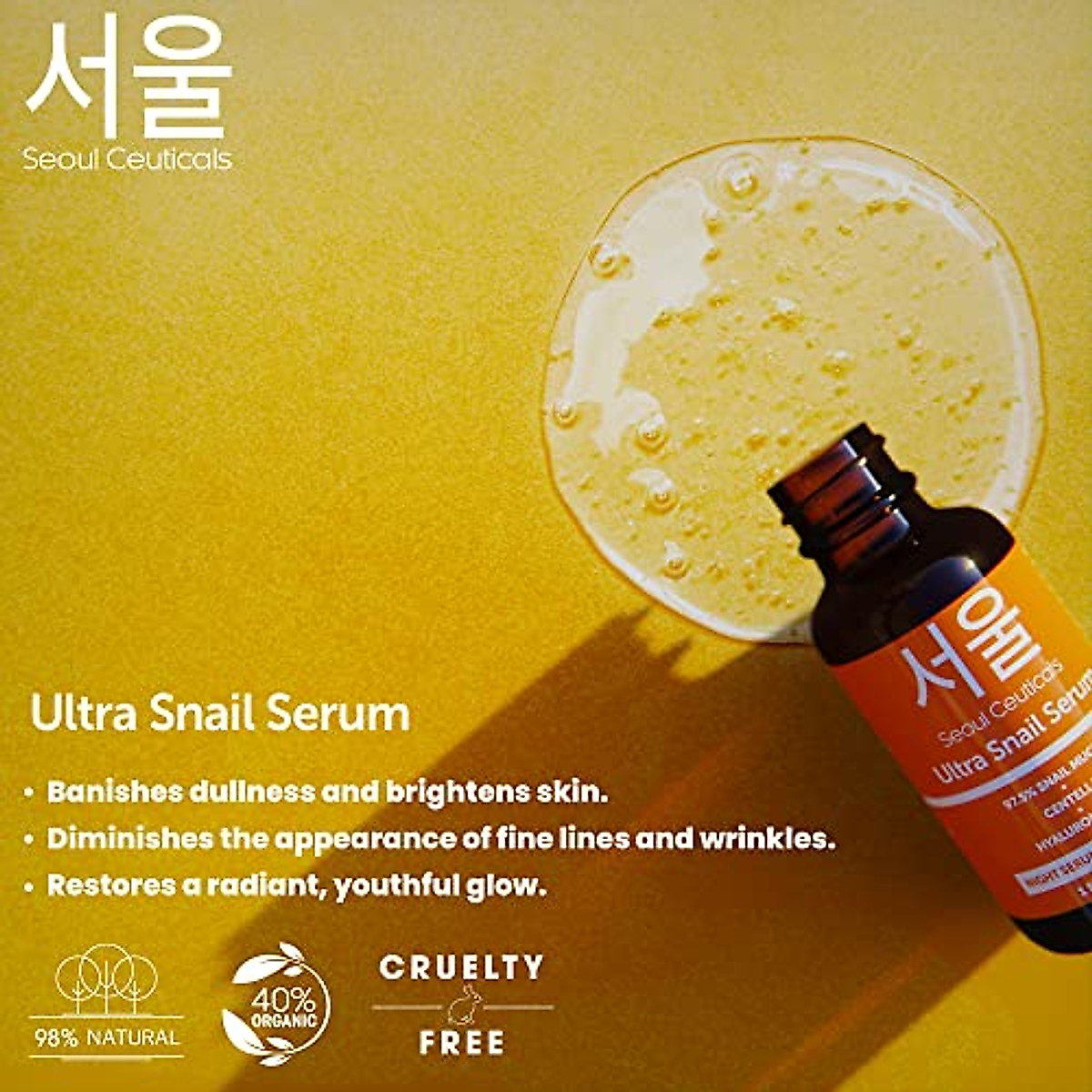 SeoulCeuticals Korean Skin Care 97.5% Snail Mucin Serum – Korean Beauty Skincare Night Serum Hyaluronic Acid for Face Contains K Beauty Snail + Centella Asiatica - Potent Anti Wrinkle Serum 1oz