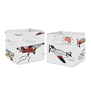Sweet Jojo Designs Vintage Airplane Foldable Fabric Storage Cube Bins Boxes Organizer Toys Kids Baby Childrens - Set of 2 - Grey Yellow Orange Red White Blue Airplanes Air Plane Transportation Clouds