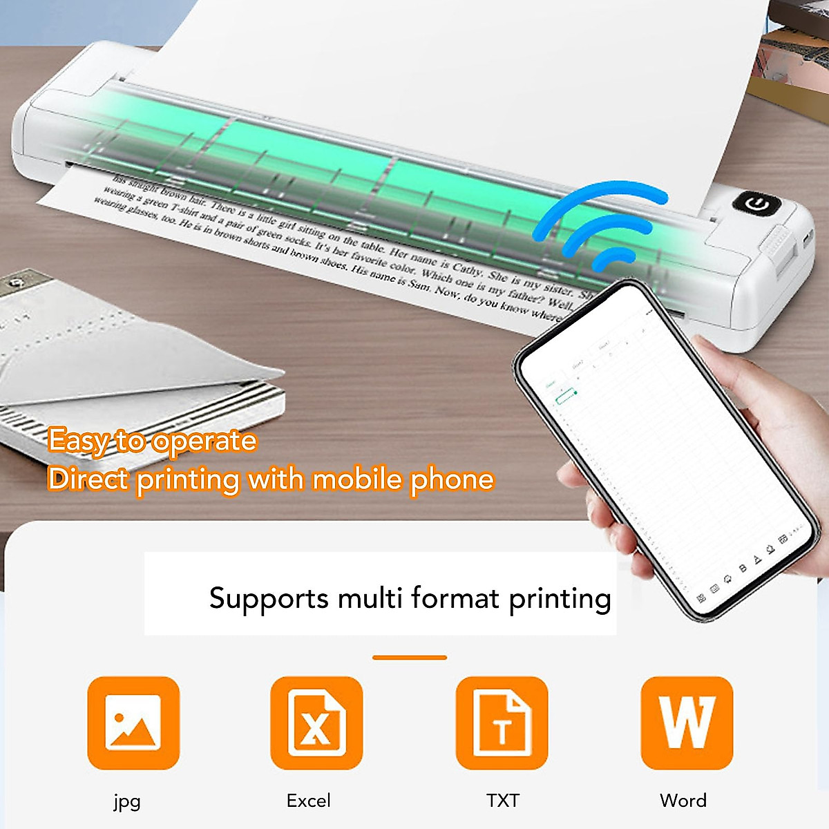 ZJchao Thermal Printer, Portable Cordless Printer 200DPI Mini Bluetooth Inkless A4 Printer with APP Control Portable Printers Mobile Printer Mini Printer for Office Home School