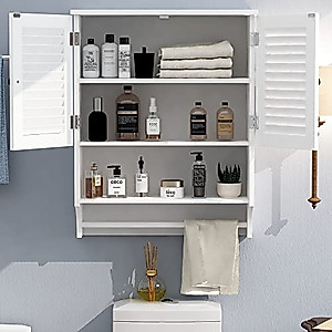 ChooChoo Bathroom Wall Cabinet with Towels Bar, 23.6" L x8.9 W x29.3 H MDF Material Medicine Cabinet, 2 Doors Over The Toilet Space Saver Storage Cabinet with Large Space, White