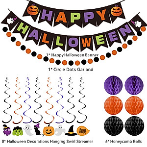 meowtastic Happy Halloween Banner Decorations - Halloween Banner with Honeycomb Ball, Halloween Hanging Swirl Streamer, Circle Dot Garland Decorations for Halloween theme Party Decorations