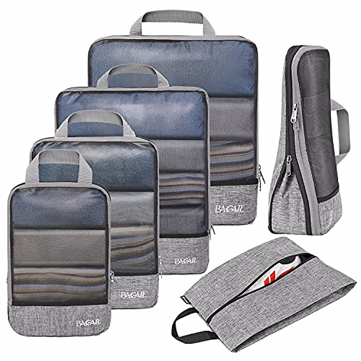 BAGAIL 6 Set Compression Packing Cubes Travel Expandable Packing Organizers(Gray, 6 Set)