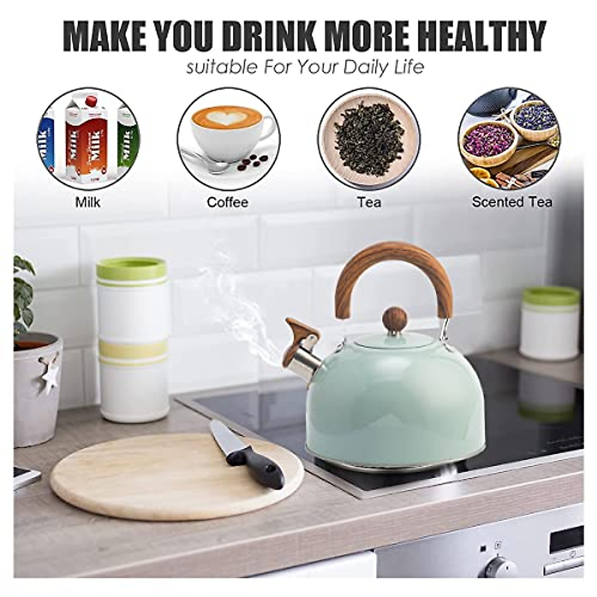 2.5L Tea Kettle, Toptier Teapot Whistling Kettle with Wood Pattern Handle Loud Whistle,Suitable for gas stove, induction hob, electric stove, ceramic and halogen stove▂19 * 21CM/7.5"*8.3"