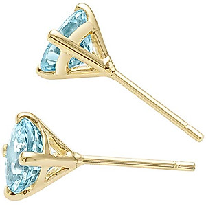 Peora 14K Yellow Gold Genuine Aquamarine Stud Earrings for Women, Classic Solitaire Round Shape, 6mm, 1.50 Carats total, Friction Back