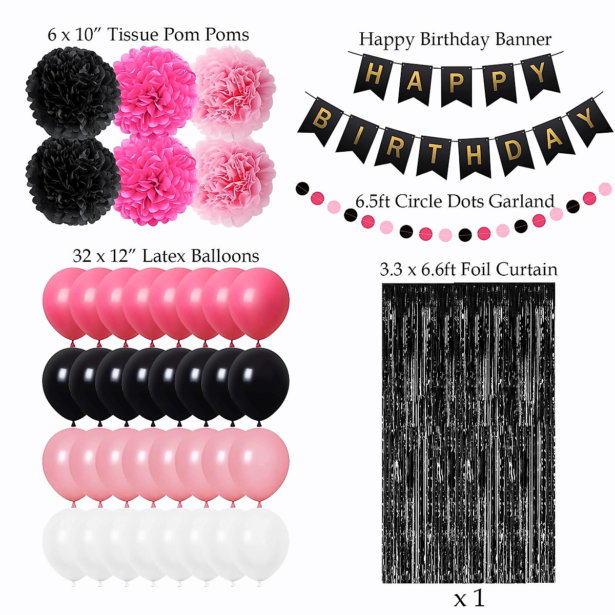 Black and Pink Birthday Party Decorations for Girls Women Happy Birthday Banner, Black Foil Fringe Curtain, Paper Pom Poms for girls Women Birthday Pink Black Party Supplies
