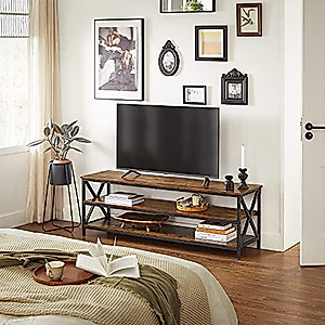 VASAGLE TV Stand for up to 65 Televisions, Media Console with Shelves, 3-Tier Storage, and X-Shape Steel Frame, 57.9 x 15.7 x 19.7 Inches, Rustic Brown