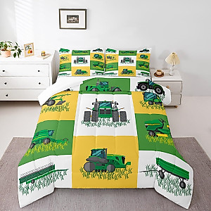 Boys Cartoon Truck Car Down Comforter Twin Size Kids Construction Vehicles Tractor Comforter Set for Kids Children Farm Excavator Bedding Set Construction Site Cars Duvet Set, Green Yellow