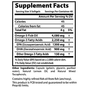 Arazo Nutrition Omega 3 Fish Oil 4,080mg - High EPA 1200mg + DHA 900mg Triple Strength Burpless Softgels (120 Soft Gels)