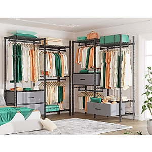 REIBII Garment Rack Clothing Rack for Hanging Clothes 150+ Load 650lbs Freestanding Wardrobe Closet with 2 Drawers, 3 Hanging Rods Clothes Rack for Extra Closet Space, 15.9" D x 46.5" W x 70.9" H
