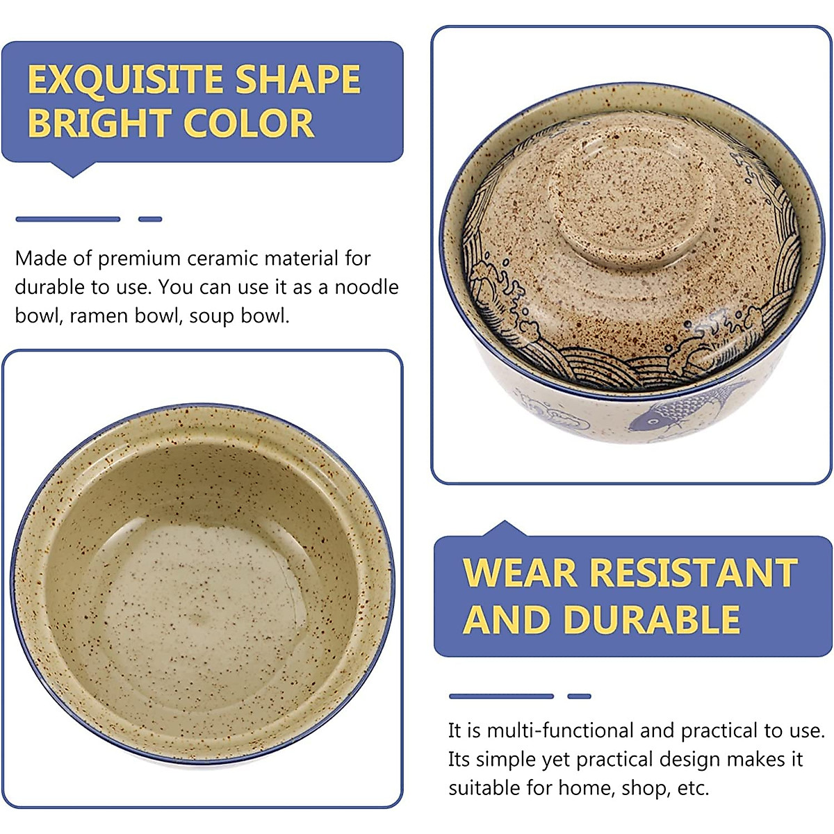 OIDESA Big Ramen Bowl Japanese Noodle Bowls with Lid Large Ceramic Bowl with Lid and for Soup Rice Noodle and Porridge Microwave Oven Safety 6. 5inch