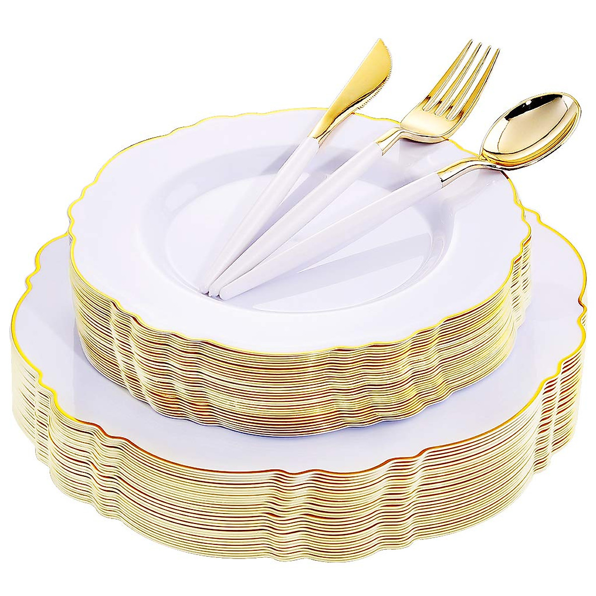 WDF 30Guest Gold Plastic Plates Disposable - Gold Plastic Silverware With White Handle Baroque Plates Disposable for Weddings, Parties, Mother's Day