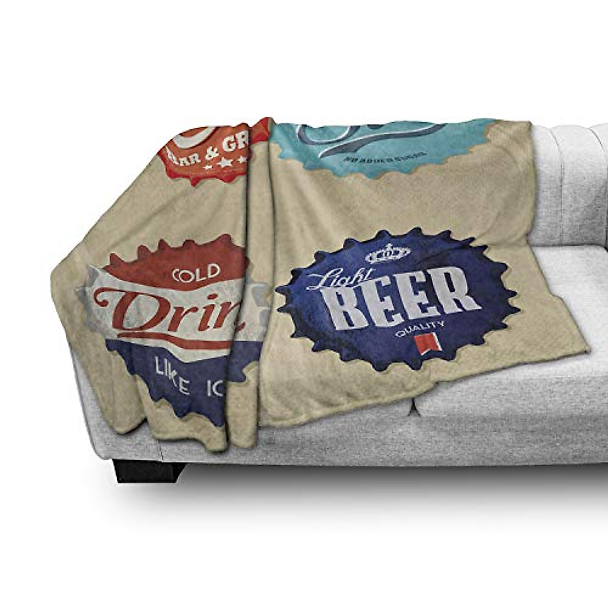 Lunarable 1950s Throw Blanket, Retro Bottle Caps Design Beer Drink Soda Old Times Old Days Memories Fun Happy, Flannel Fleece Accent Piece Soft Couch Cover for Adults, 50" x 70", Multicolor