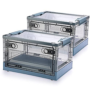 BTSKY 2 Pack Collapsible Storage Bins with Double Side Doors , 20 L Clear Plastic Folding Storage Boxes with Lid , Stackable Plastic Organization Cube Box with Wheels for Home & Office Organization, Cloth Toys Books Snacks Bottles(Blue)