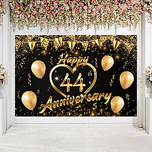 Happy 44th Anniversary Backdrop Banner Decor Black Gold – Glitter Love Heart Happy 44 Years Wedding Anniversary Party Theme Decorations for Women Men Supplies 3.9x5.9 ft