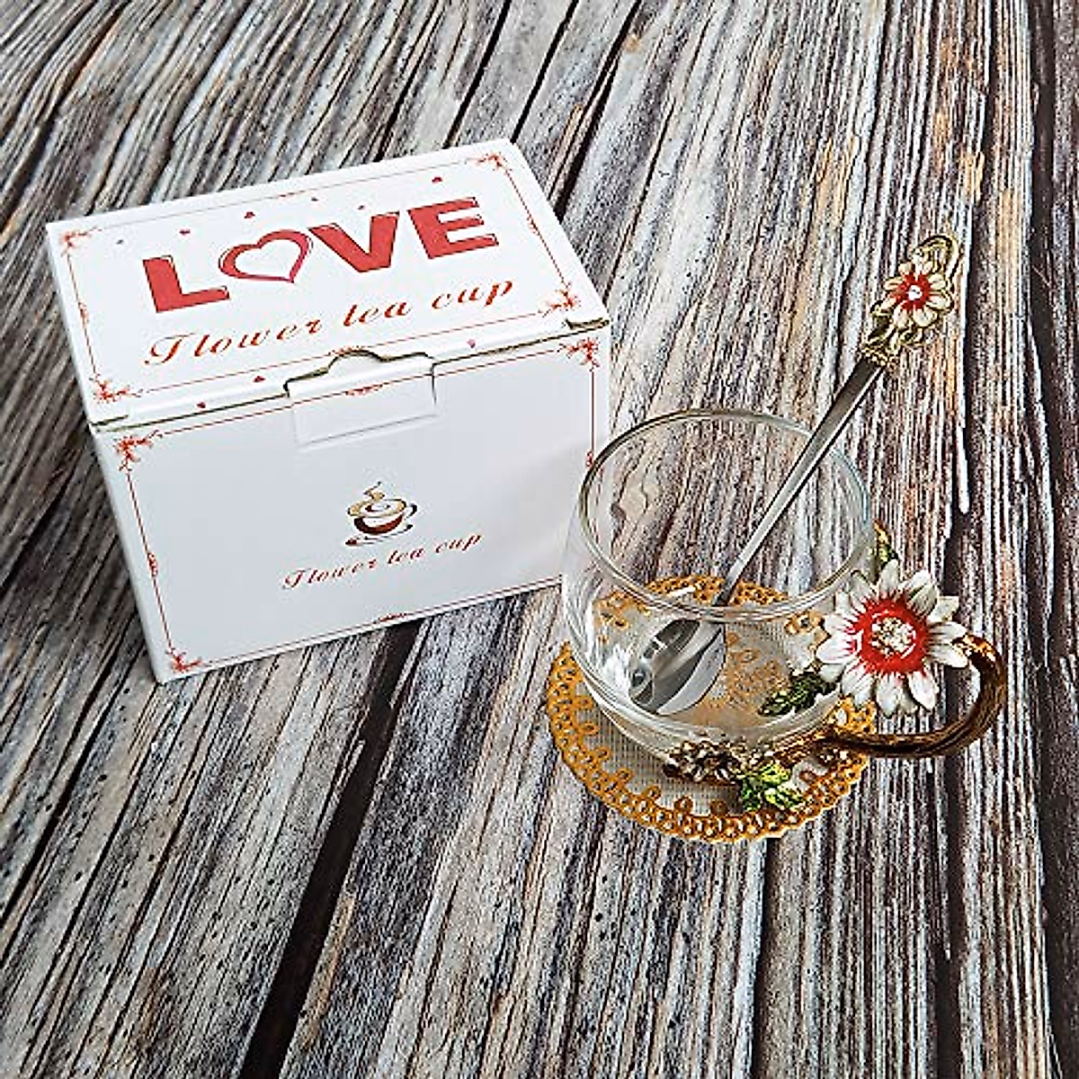 JY-Danbady Enamel Sunflower Crystal Lead-Free Glass Tea Cup with Spoon Set, Present for The Christmas, Valentine's Day.Best Present for Mother, Grandma, Girlfriend, Sister.