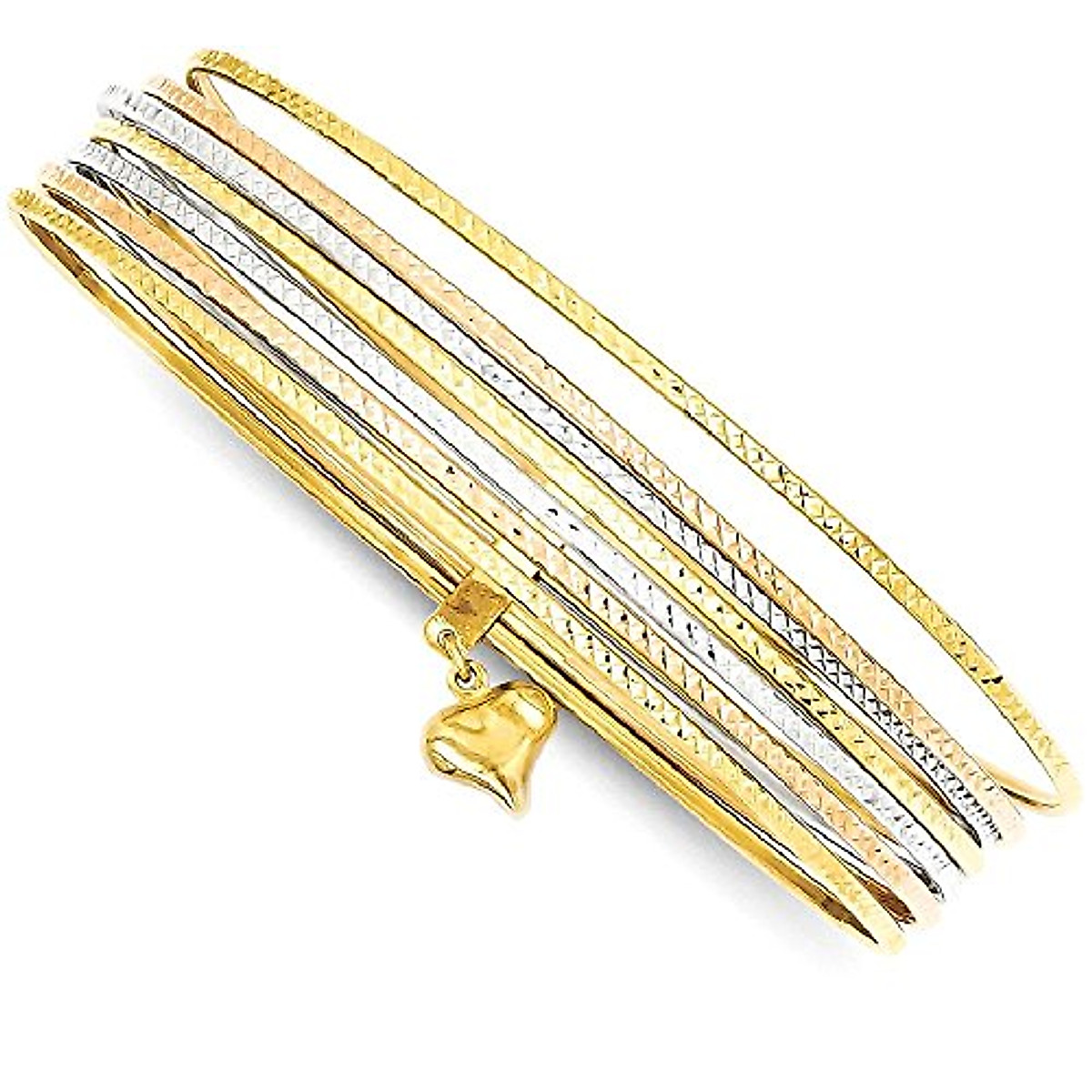IceCarats 14K Dangling Heart Love Tri Color Gold Set of 7 Slip On Bangle Bracelet