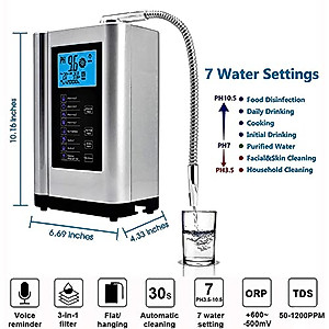 AquaGreen Alkaline Water Ionizer Machine AG7.0, Home Filtration System Produces pH 4-10.5 Water, 7 Water Settings, Up to -570mV ORP, 6000L Per Filter, Silver