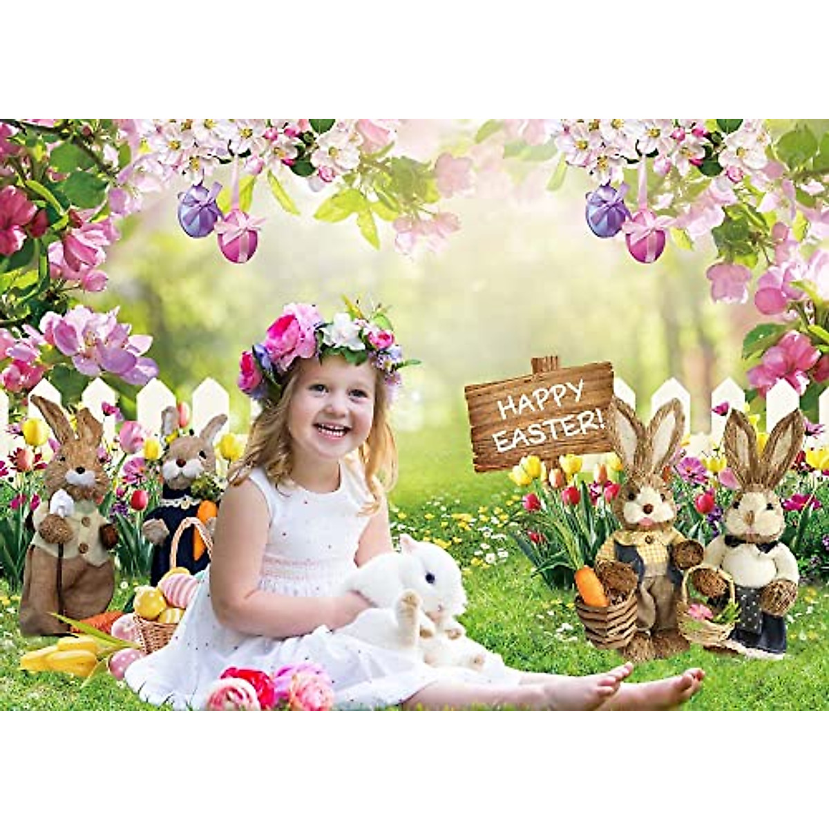 Spring Easter Photography Backdrop 7x5FT Easter Rabbit Garden Colorful Eggs Photo Backdrops Fence Green Grass Bunny Decoration Kids Newborn Baby Birthday Party Backgrounds