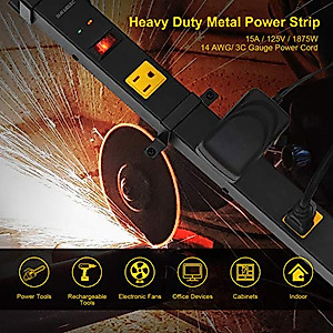 Suraielec 2-Pack 10 Outlet Long Power Strip Surge Protector, Industrial Heavy Duty Metal Shop Power Strip Flat Plug, 1000 Joules, 15 A Breaker, 6FT Cord, Wall Mountable, for Work Bench, Shop, Garage