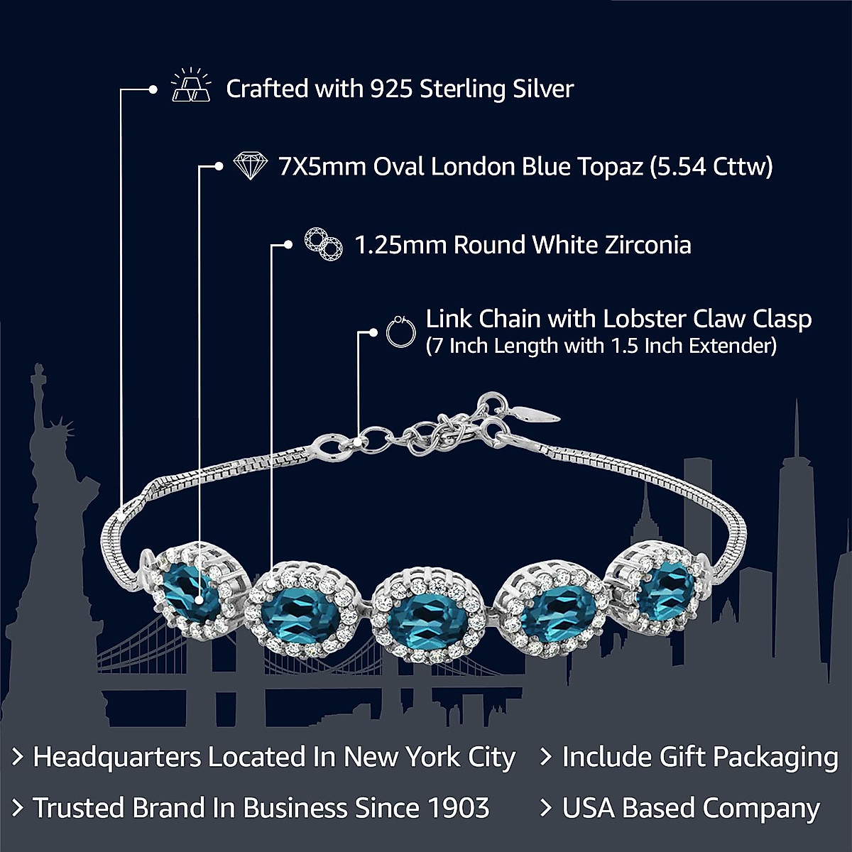 Gem Stone King 925 Sterling Silver London Blue Topaz Tennis Bracelet For Women (5.54 Cttw, Gemstone Birthstone, Oval 7X5MM, 7 Inch + 1.5 Inch Extender)