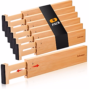 Fabsome Drawer Divider 6 Pack, Bamboo Dresser Organizers for Clothes Socks Underwear Baby Clothing, Wooden Separators for Nursery Organization Adjustable from 12.5'' to 17'' with Soft Foam Ends