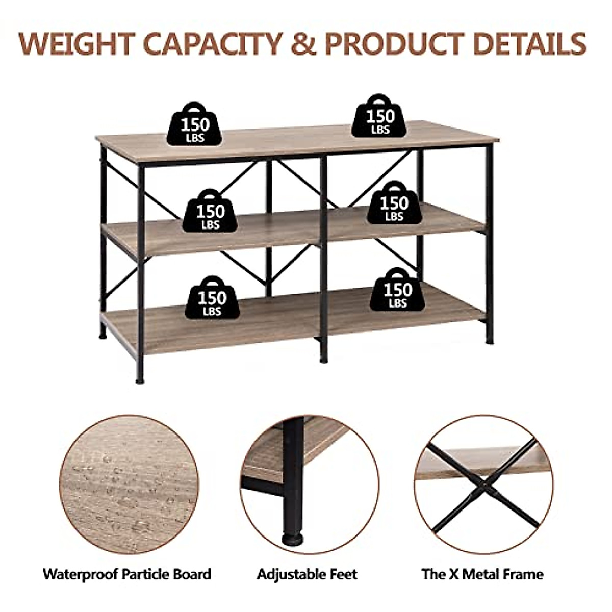 Vagowin 55 inch Sofa Console Table - 3-Tier Wood Hallway Table with Storage Industrial Rustic - Modern Entertainment Center with Shelf TV Stands, Farmhouse Side Table Bookshelf for Living Room, Grey