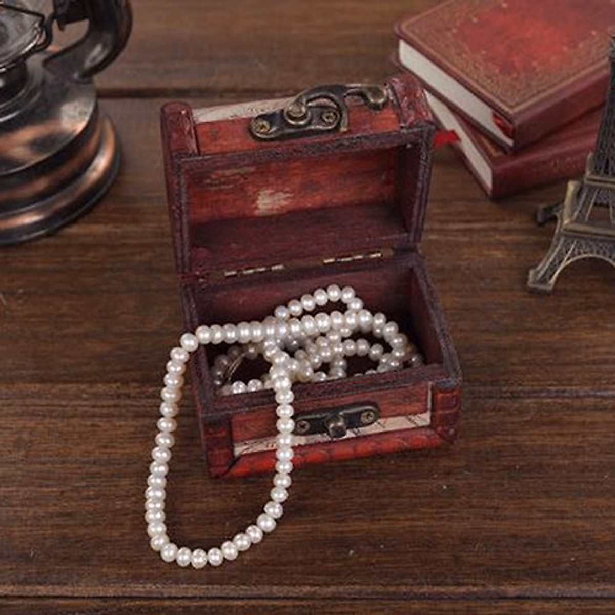 LFOEwpp7 Retro Candy Jewelry Box, Stamp Style Metal Lock Wooden Jewelry Storage Box Treasure Necklace Case for Birthday Christmas Halloween Valentine's Day and More