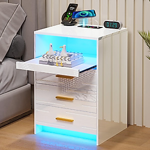 HNEBC RGB LED Nightstand with Wireless Charging Station, Smart Night Stand with 3 Drawers and Sliding Tray, Modern Bedside Table for Bedroom Furniture, High Gloss End Sofa Tables (White)