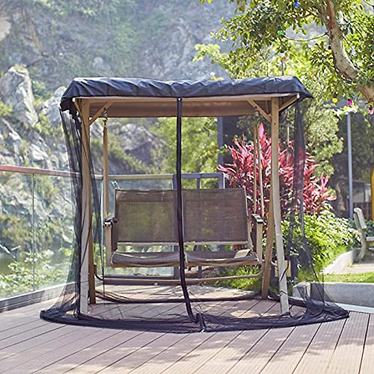 Patio Swing Mosquito Netting - Polyester Mesh Screen with Zipper Opening and roof Waterproof Tent - Rectangle Netting Curtain (Three-Person Chair Size)