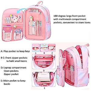 ETAISHOW Heart-Print Kawaii Girls Backpack for Elementary School Kids Bookbag with Compartments Cute Student Backpack for Girls