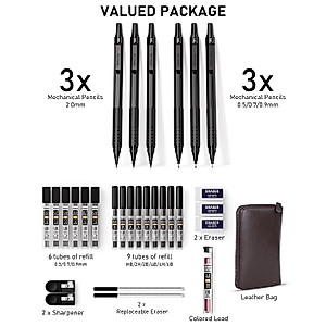 Nicpro 30PCS Black Metal Mechanical Pencil Set in Leather Case, Art Drafting Pencil 0.5, 0.7, 0.9 mm, 2mm Lead Pencil Holders for Sketching Drawing With 16 Tube (6B 4B 2B HB 2H 4H Colors)Lead Refills