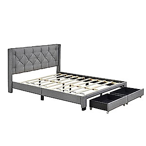 FANYHOME Queen Size Linen Upholstered Platform Bed Frame with Two Storage Drawers and Headboard for Boys Girls Teenager,Gray