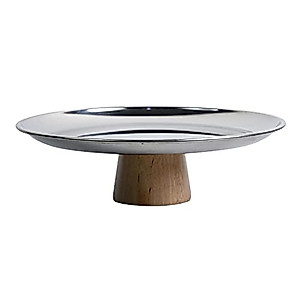 SUSOSU Breakfast Tray Stainless Steel Round Storage Tray with Wood Base Desktop Kitchen Serving Plate (Color : Small)