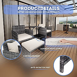 LHBcraft 6 Piece Patio Furniture Conversation Set with Ottoman, Outdoor Black&Grey Wicker Chair and Table Set with Beige Cushion, Balcony Furniture for Apartments (Black)