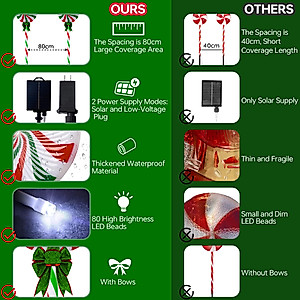 4 Pack 27.5" Lollipop Peppermint Christmas Pathway Lights Outdoor with Bow, Green Red White 80 LED Solar Candy Cane Lights 8 Modes Waterproof, Walkway Markers for Xmas Outsides Garden Yard Decoration